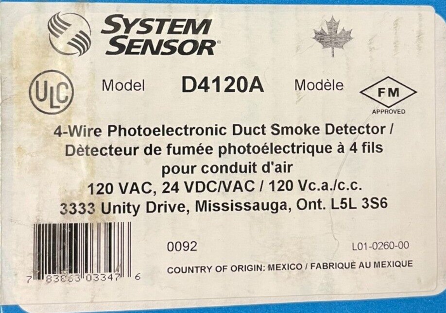 System Sensor D4120A 4-Wire Duct Smoke Detector w/ Sampling Tube ...
